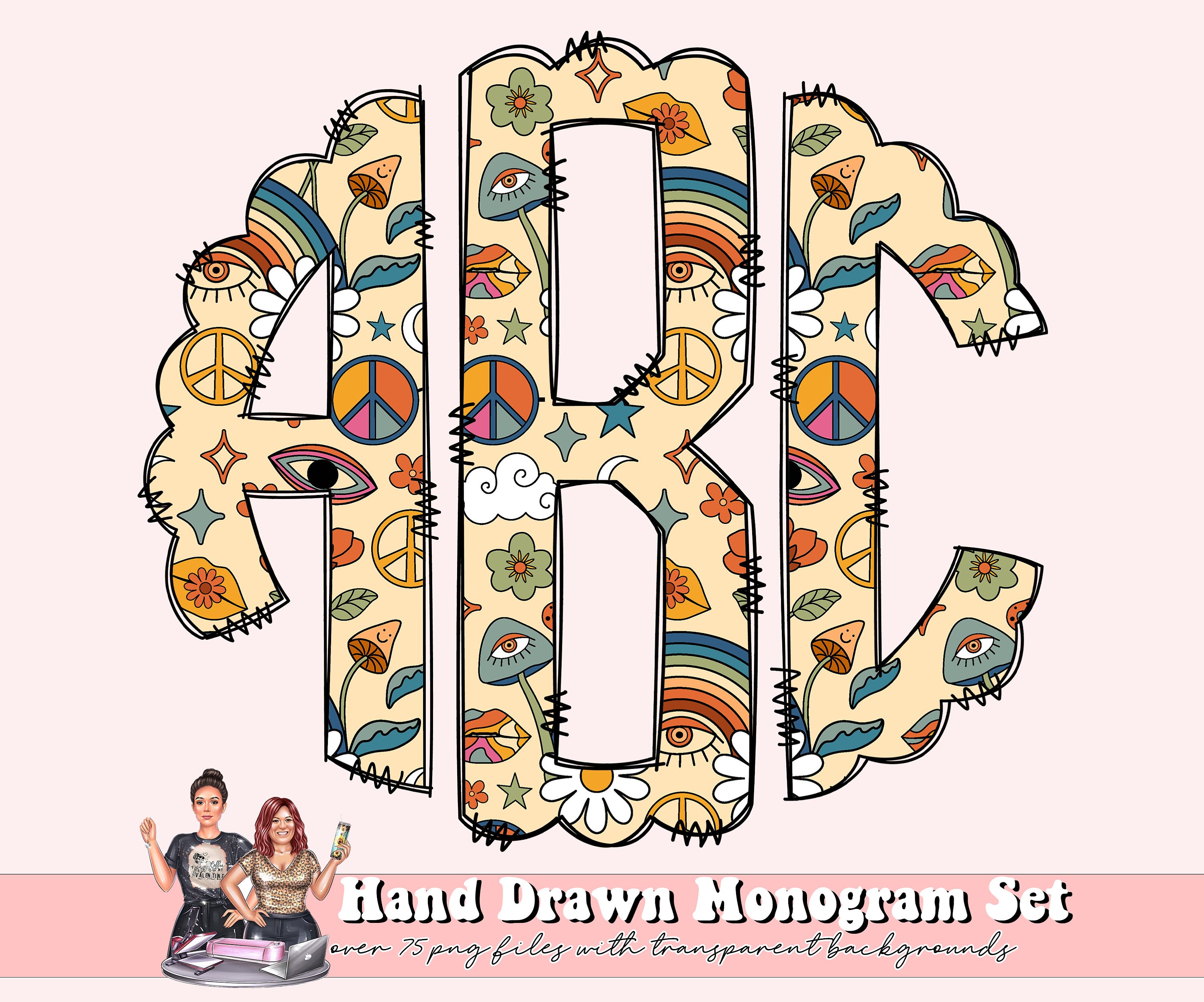 Retro Boho Monogram Full Alphabet Individual Saved Monogram - Etsy