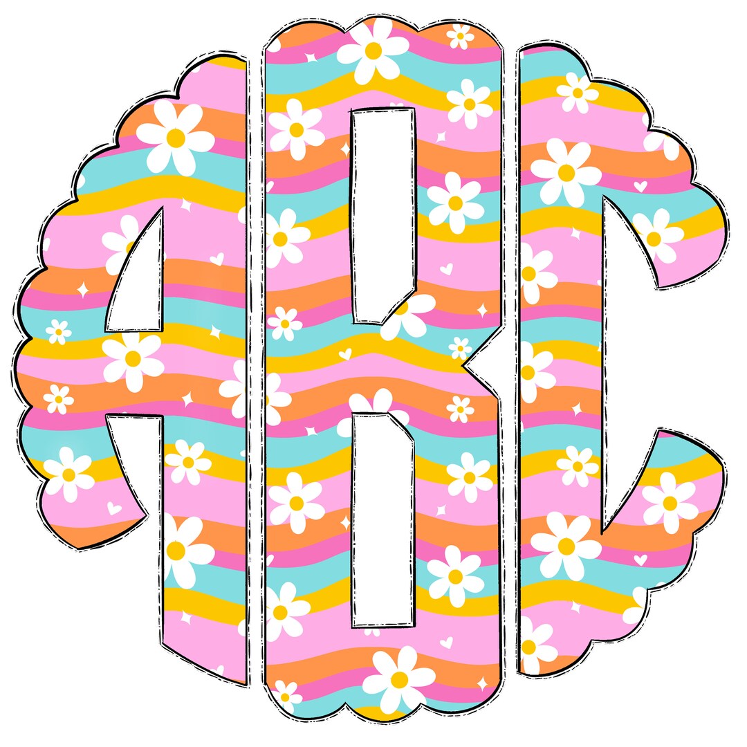 Retro Daisy Hippie Wave Doodle Monogram, Clip Art Attached Middle ...