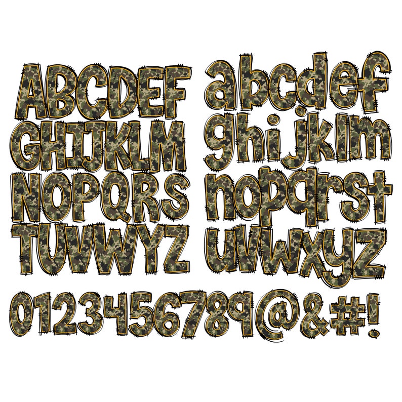 Hunting Doodle Alphabet Letters PNG Bundle, Camo Green Camouflage, Army ...