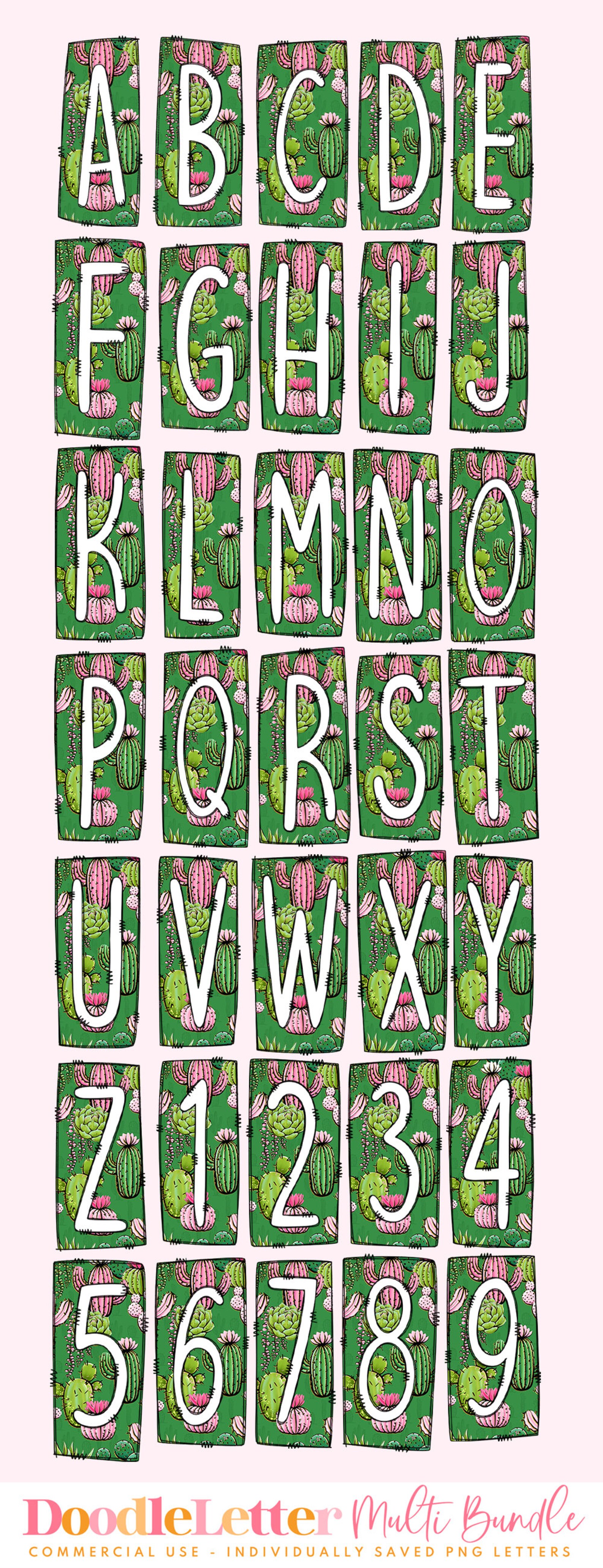 Green Cactus Mega Doodle Letter Bundle, Bright Colorful Floral Alphabet ...