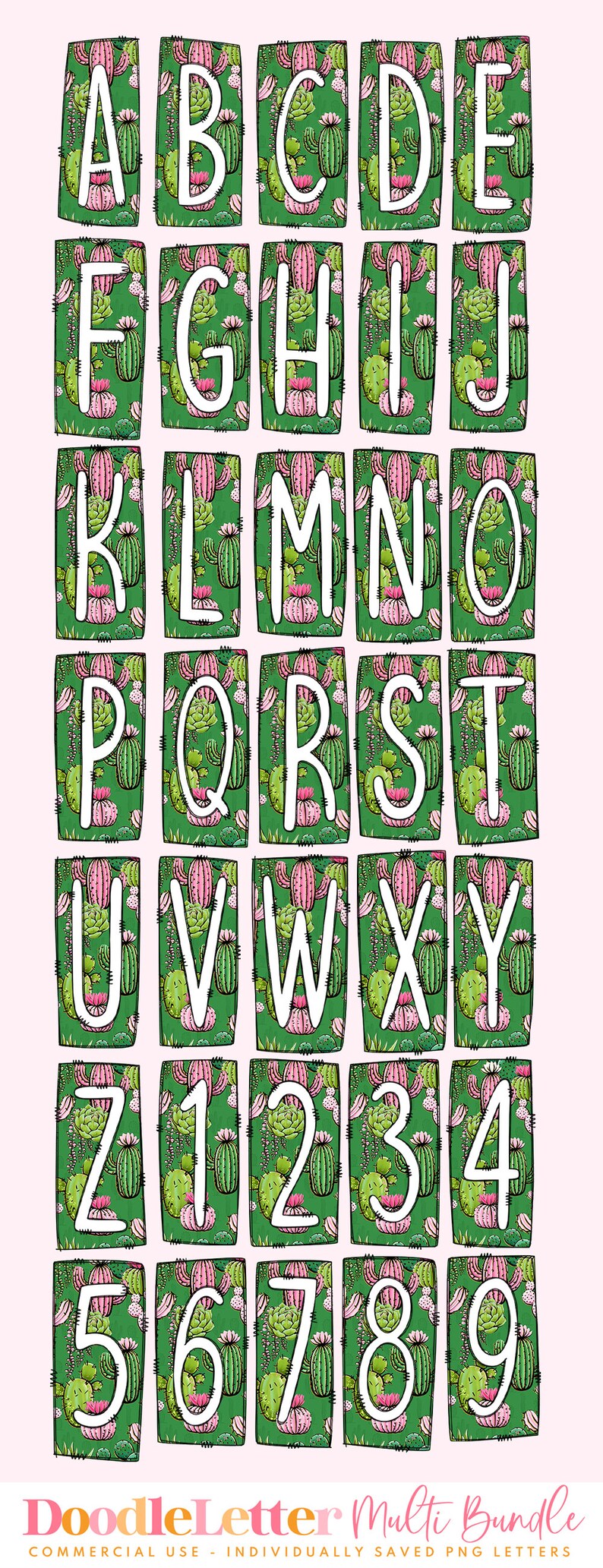 Green Cactus Mega Doodle Letter Bundle, Bright Colorful Floral Alphabet ...