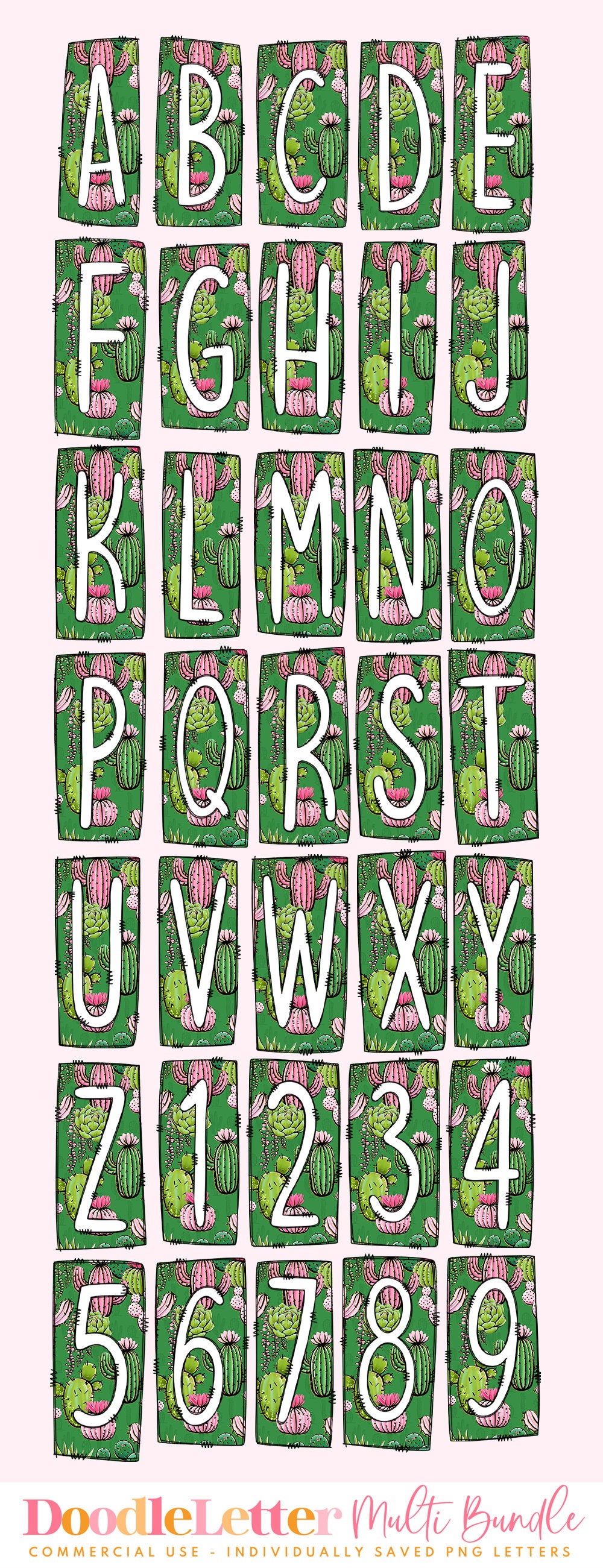 Green Cactus Mega Doodle Letter Bundle, Bright Colorful Floral Alphabet ...