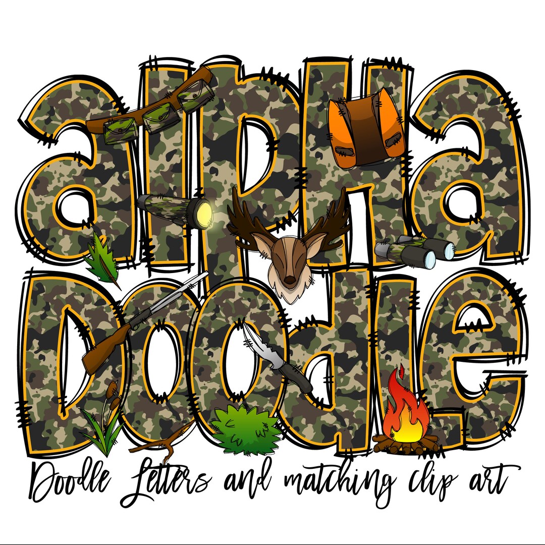 Hunting Doodle Alphabet Letters PNG Bundle, Camo Green Camouflage, Army ...