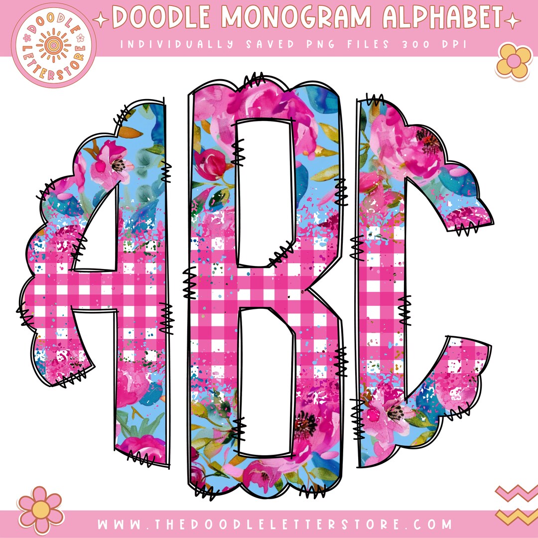 Spring Floral Flower Pink Teal Bright Monogram Full Alphabet Letters ...