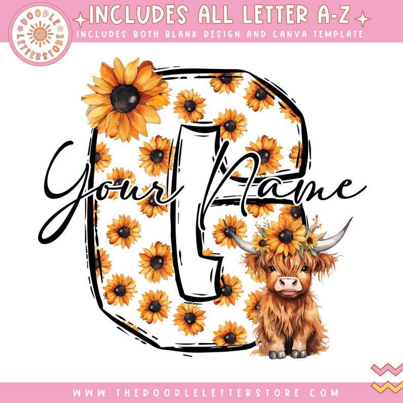 EDITABLE Highland Cow & Sunflower Doodle Letter, CANVA Template, Make ...