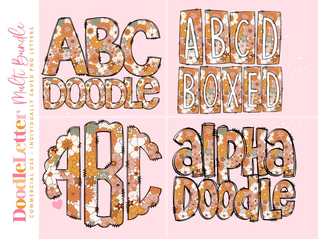 Boho Retro Flowers Mega Doodle Letter Bundle, Alphabet Set, Clip Art ...