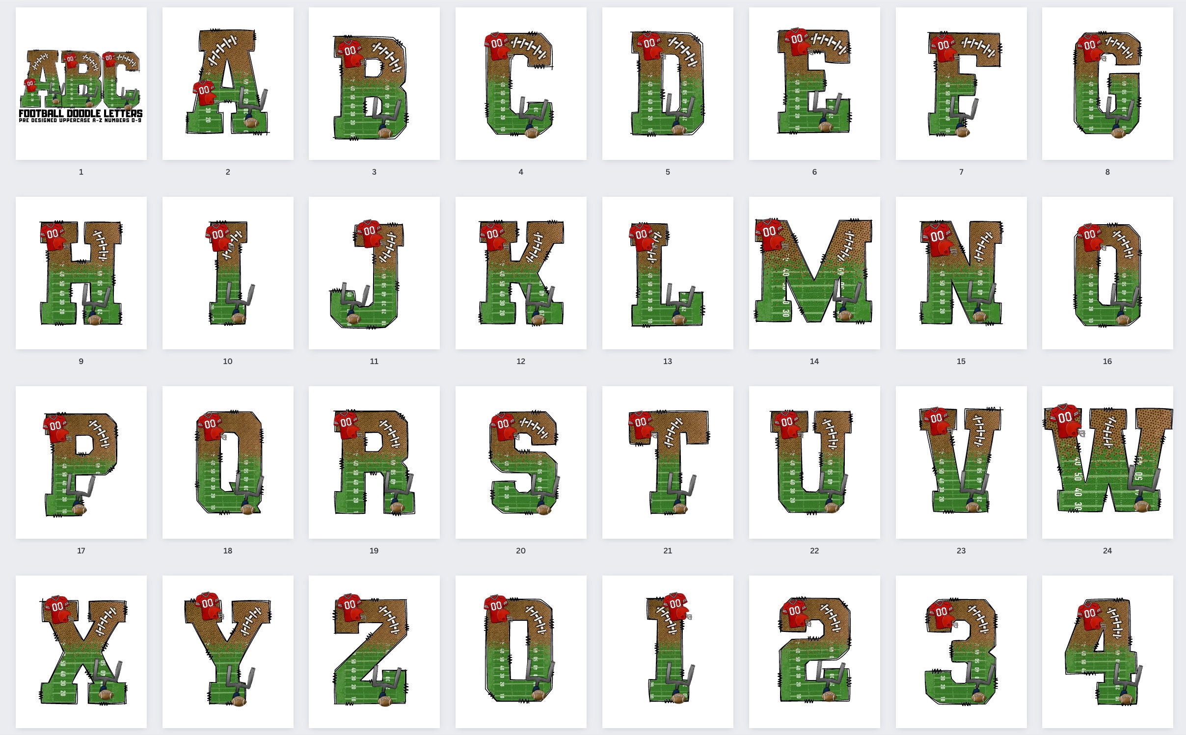 Football Alphabet Letters PNG Bundle, Grid Iron Sports Doodle Letters ...
