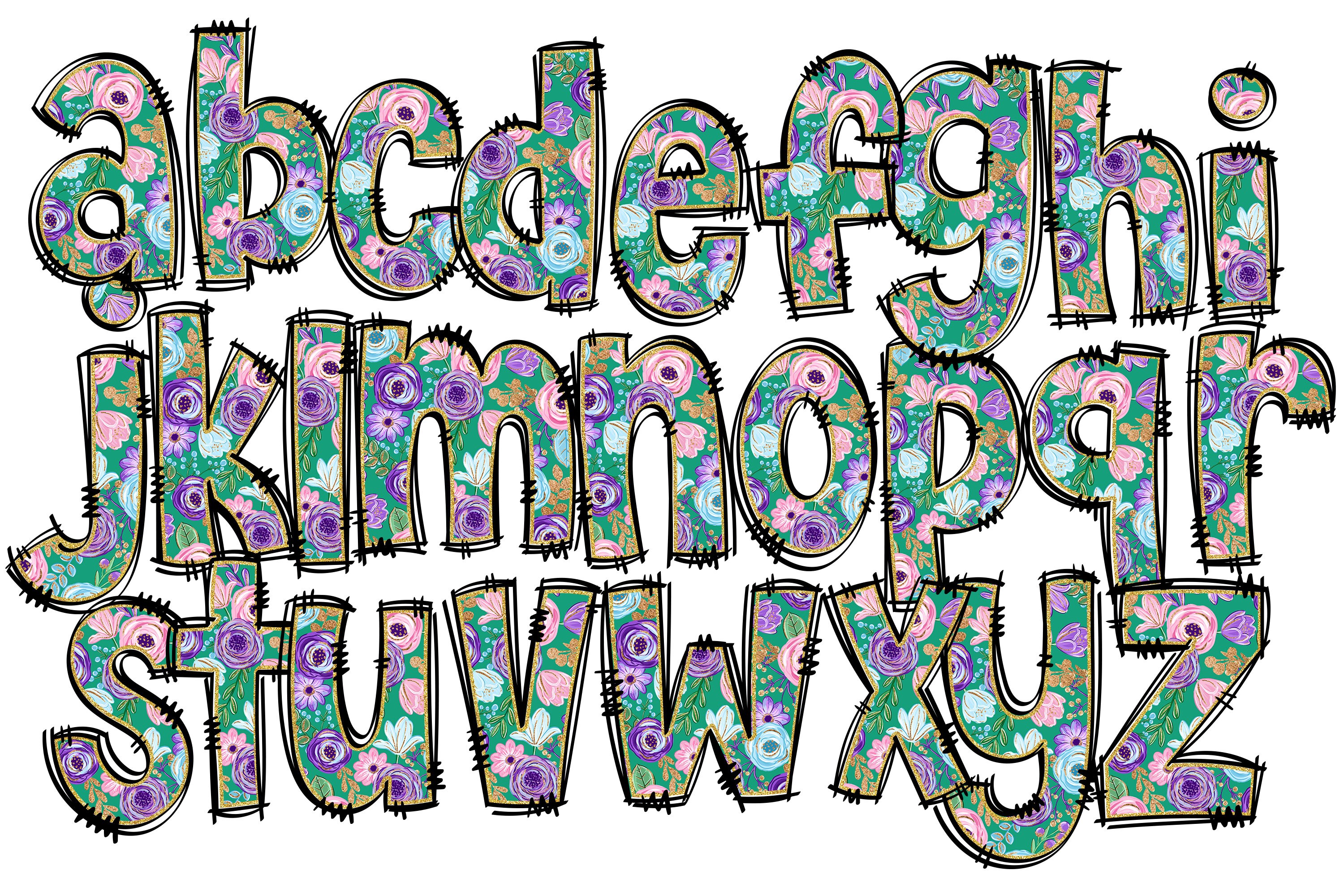 Floral Doodle Alphabet Letters PNG Bundle, Floral Design Hand Drawn ...
