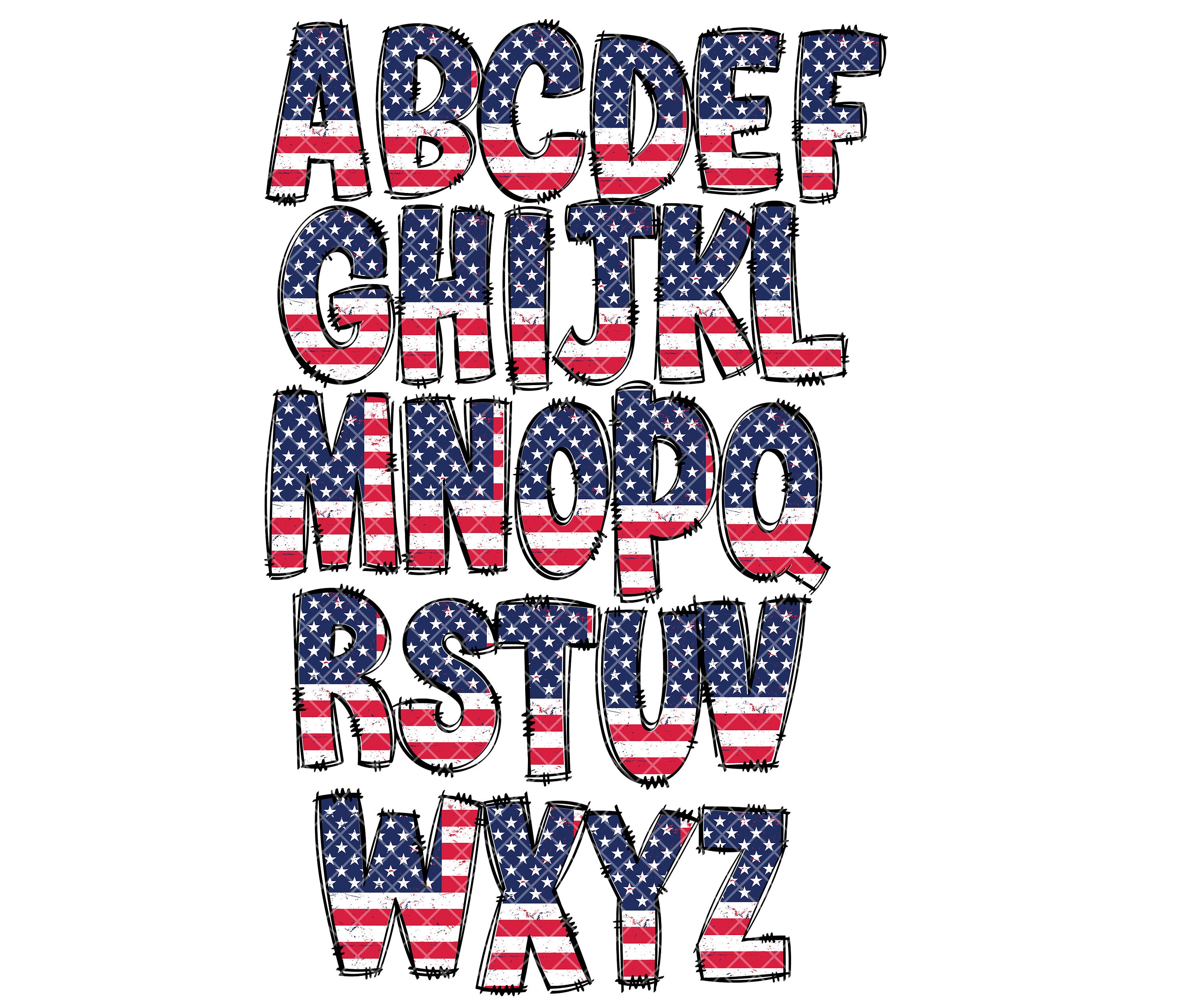 USA Alphabet Letters PNG Bundle, Patriotic American Flag Doodle Letters ...