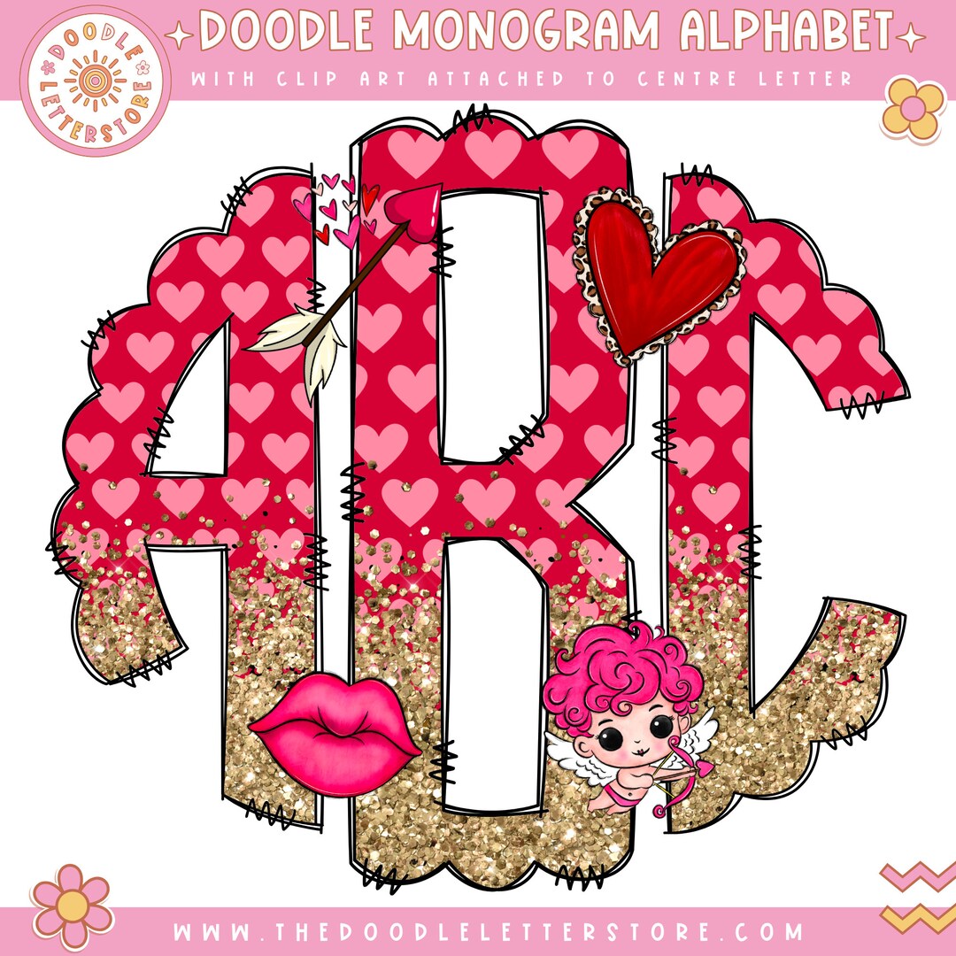 Red and Pink Hearts Glitter Valentine's Day Monogram Doodle Letters ...