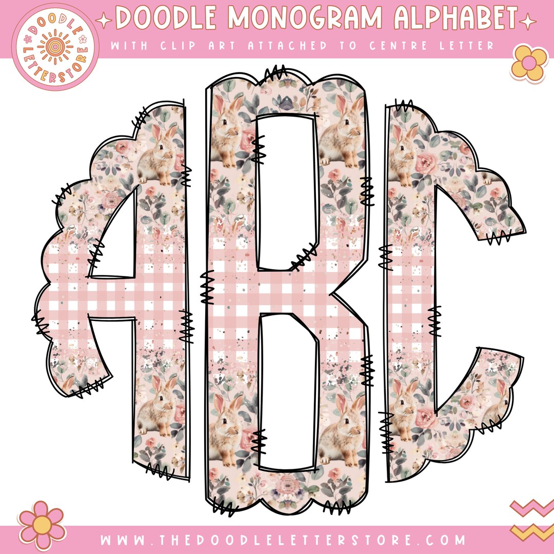 Boho Bunny Floral Monogram Full Alphabet Retro Pastel Monogram Letters ...