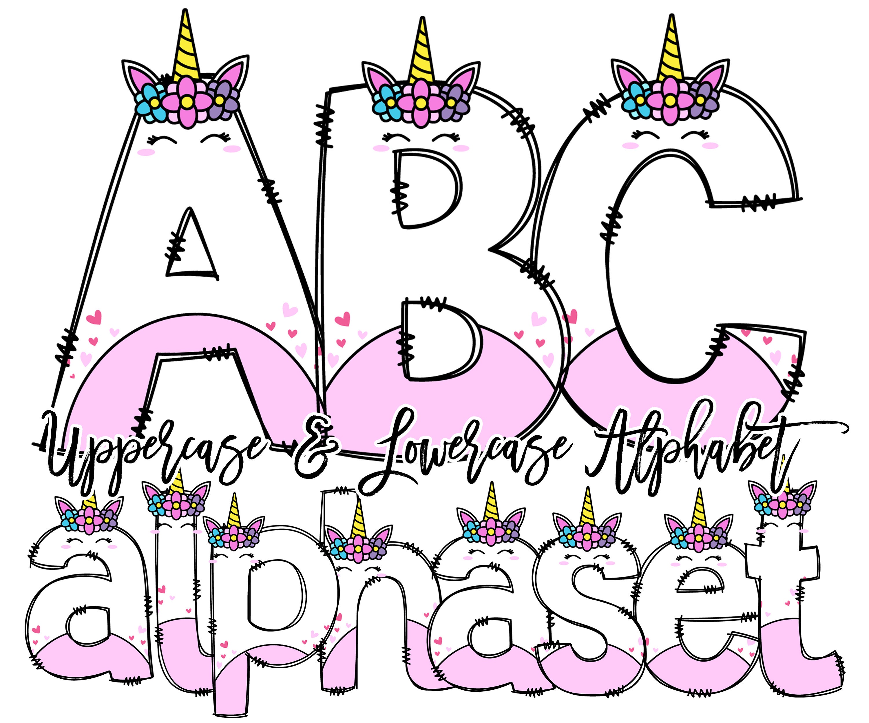 Unicorn Alphabet Letters PNG Bundle, Unicorn Doodle Letters, Hand Drawn ...