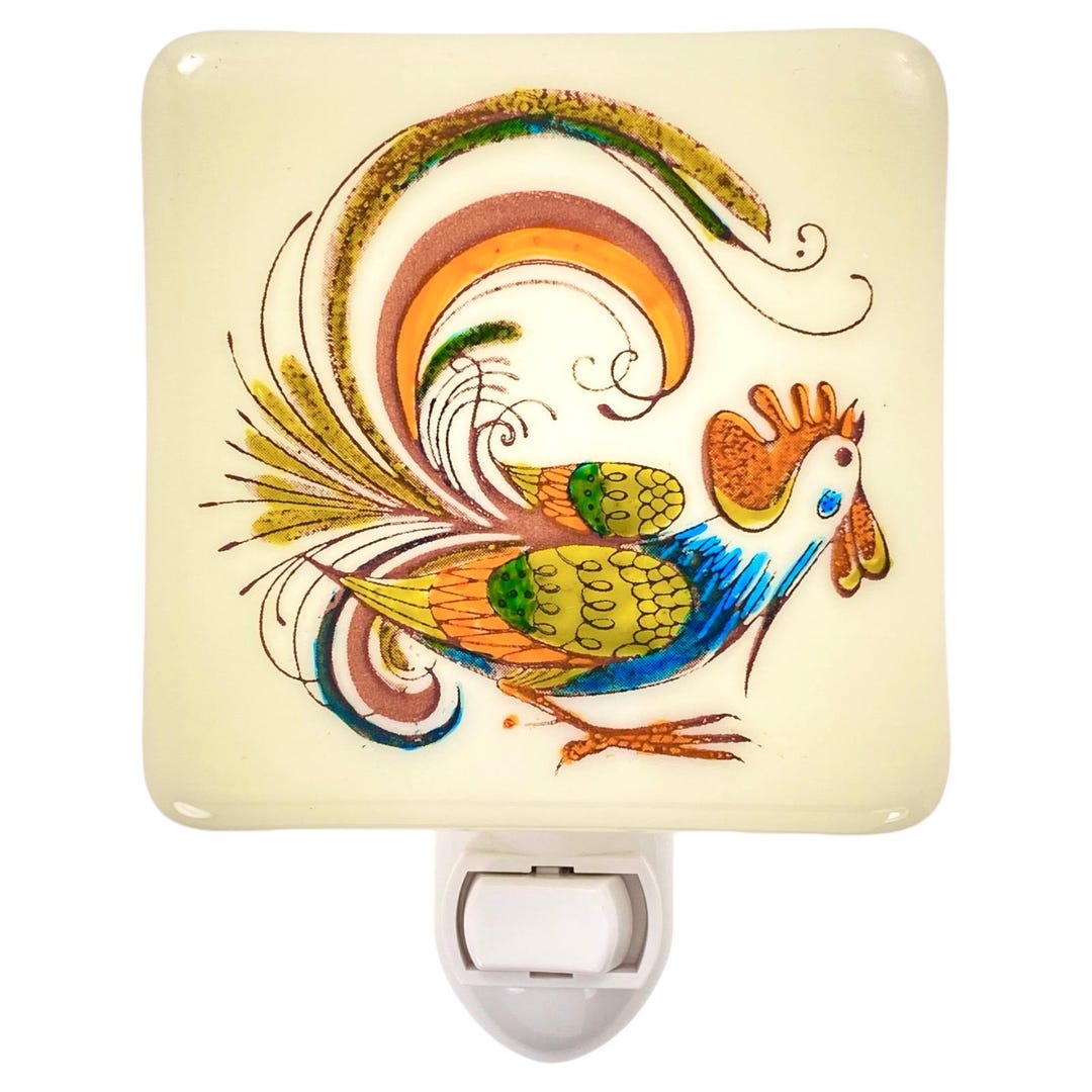 Retro Rooster Night Light, Chicken Fused Glass Night Light Hand Painted ...