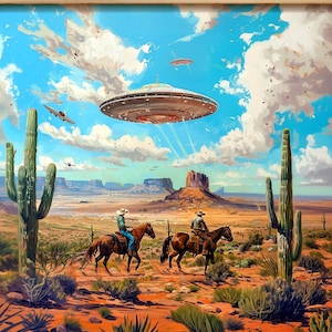 Aliens and Cowboys Retro Western Sci-fi UFO Wall Art Decor Print Poster ...
