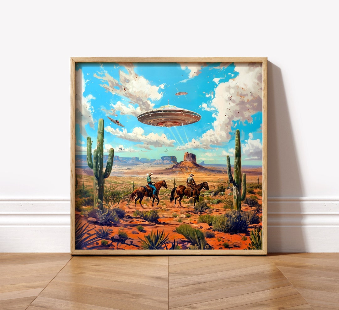 Aliens and Cowboys Retro Western Sci-fi UFO Wall Art Decor Print Poster ...