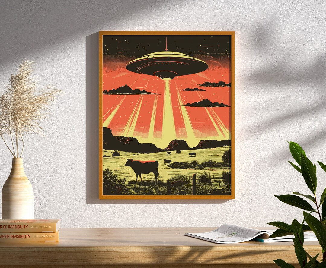 Alien Cow Abduction UFO Cow Art Funny Flying Saucer Western Farm Print ...
