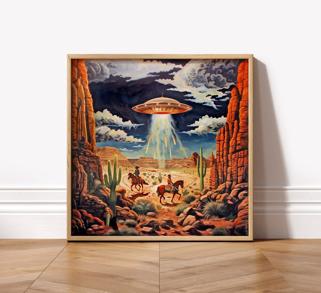Aliens and Cowboys Retro Western Sci-fi UFO Wall Art Decor Print Poster ...