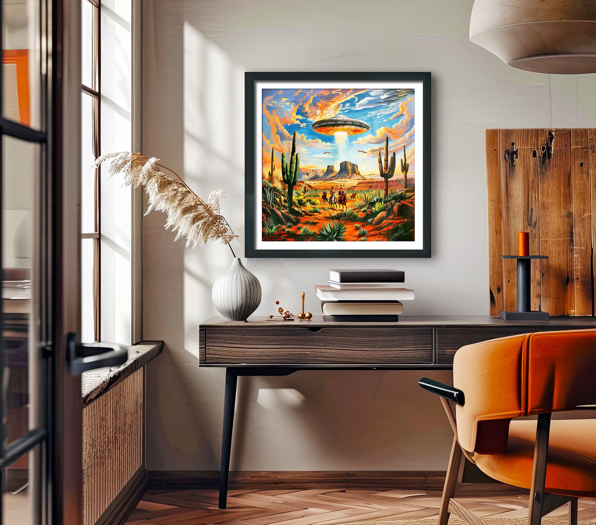 Aliens and Cowboys Retro Western Sci-fi UFO Wall Art Decor Print Poster ...