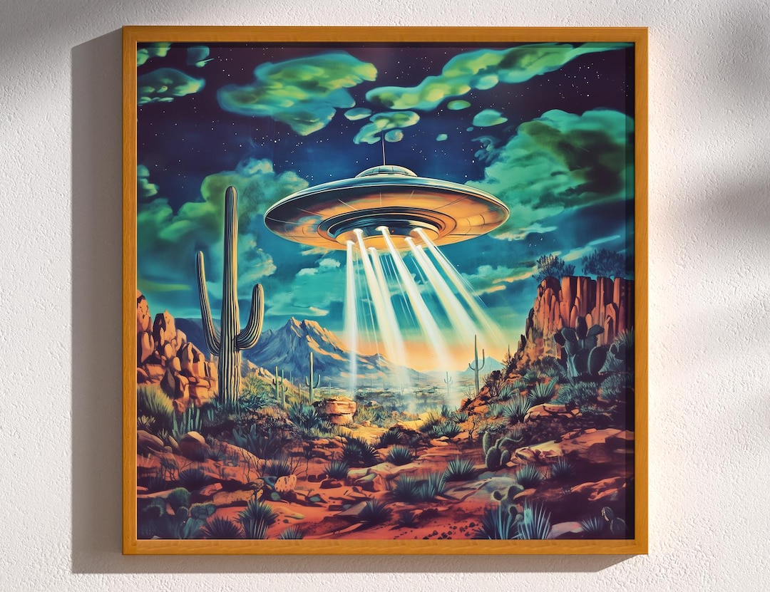 Hover Over the High Desert, Retrofuture UFO Flying Saucer Alien Retro ...