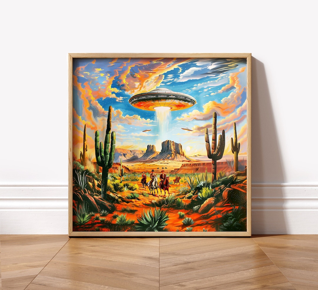 Aliens and Cowboys Retro Western Sci-fi UFO Wall Art Decor Print Poster ...