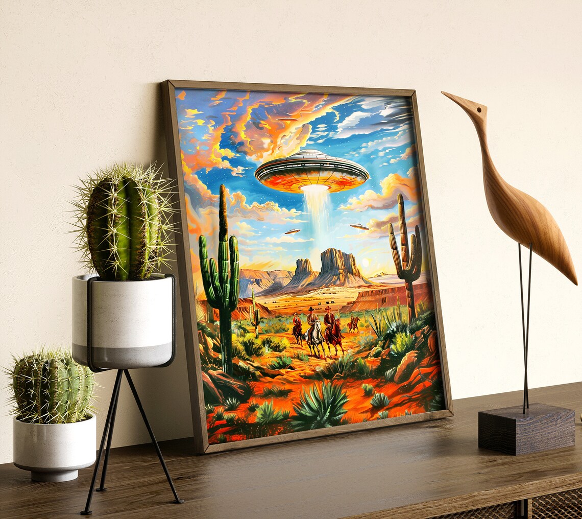 Aliens and Cowboys Retro Western Sci-fi UFO Wall Art Decor Print Poster ...