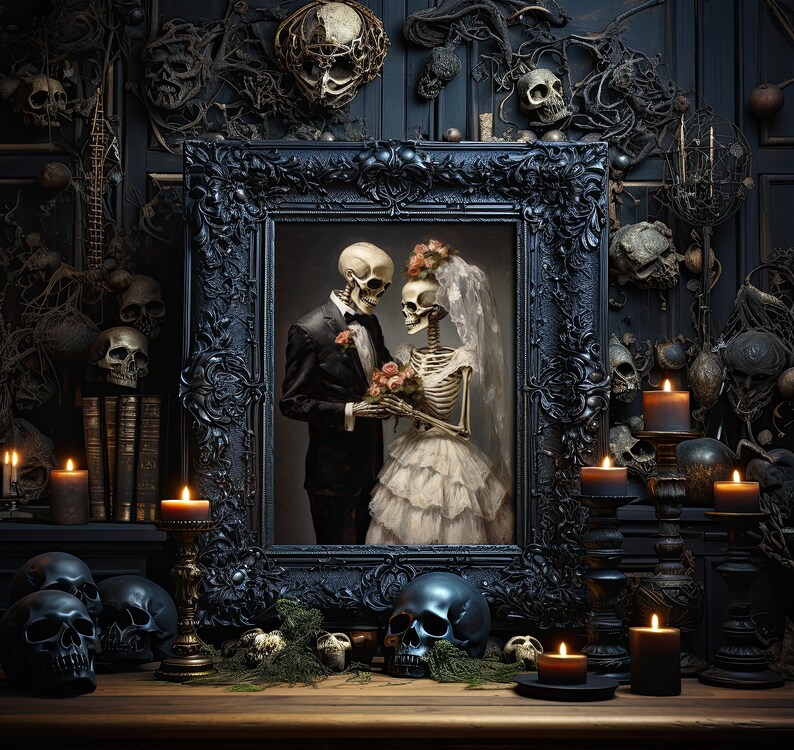 Skeleton Wedding Bride and Groom Ghosts Gothic Victorian Macabre Painting Poster Print Dark ...