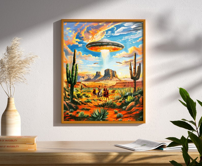 Aliens and Cowboys Retro Western Sci-fi UFO Wall Art Decor Print Poster ...