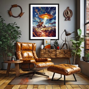 Aliens and Cowboys Retro Western Sci-fi UFO Wall Art Decor Print Poster ...