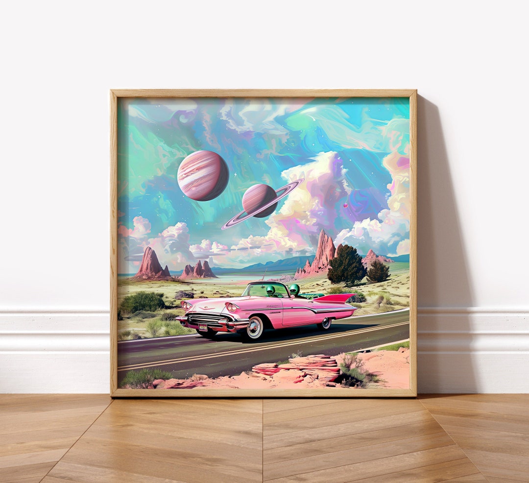 Aliens Driving a Pink Classic Car UFO Vintage Surreal Funny Retro Print ...