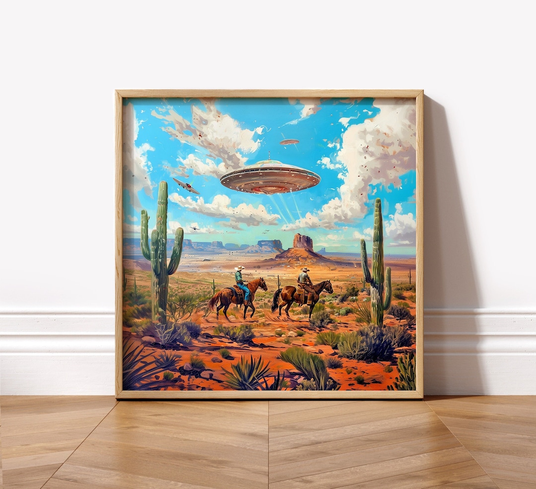 Aliens and Cowboys Retro Western Sci-fi UFO Wall Art Decor Print Poster ...