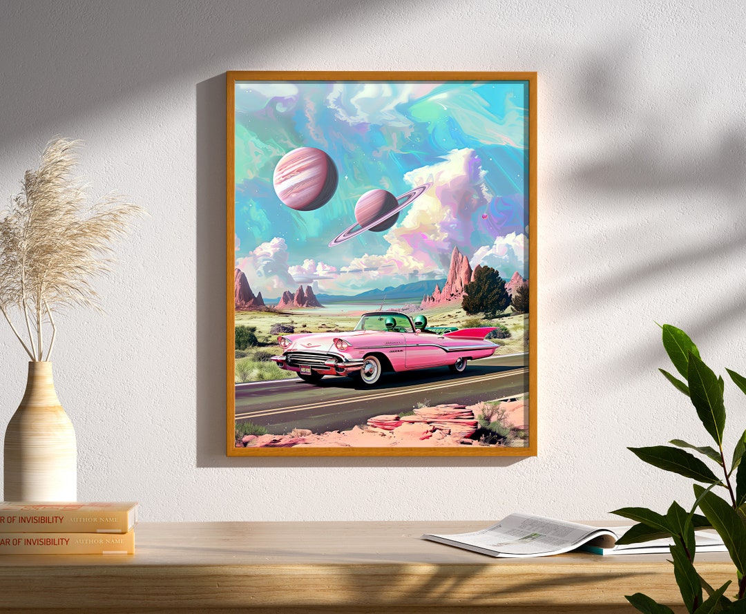 Aliens Driving a Pink Classic Car UFO Vintage Surreal Funny Retro Print ...