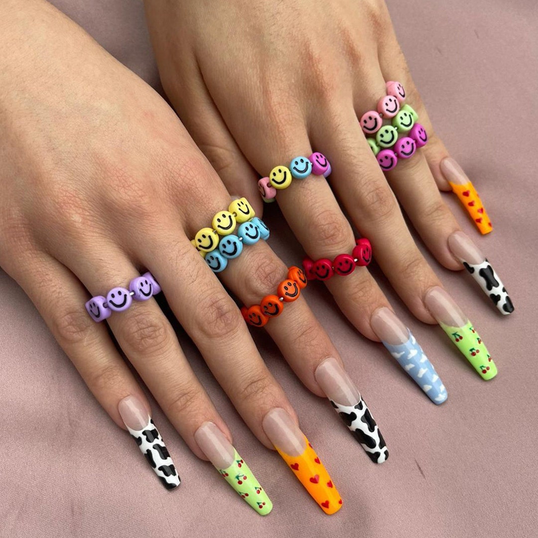 Adjustable Smiley Beaded Rings - Stackable Y2K Smiley Face Wire Rings ...
