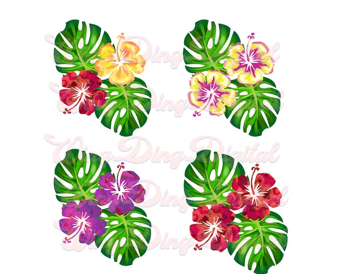 Hibiscus Monstera SVG, Tropical Flower Leaf PNG, Hawaii Luau Clipart ...