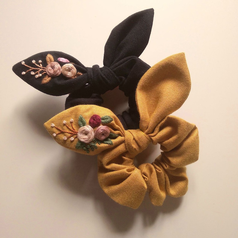 Embroidered Scrunchie Embroidered Hair Bow Linen Hair Bow - Etsy