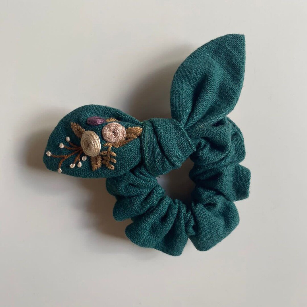 Embroidered Scrunchie, Embroidered Hair Bow, Linen Hair Bow, Hair ...