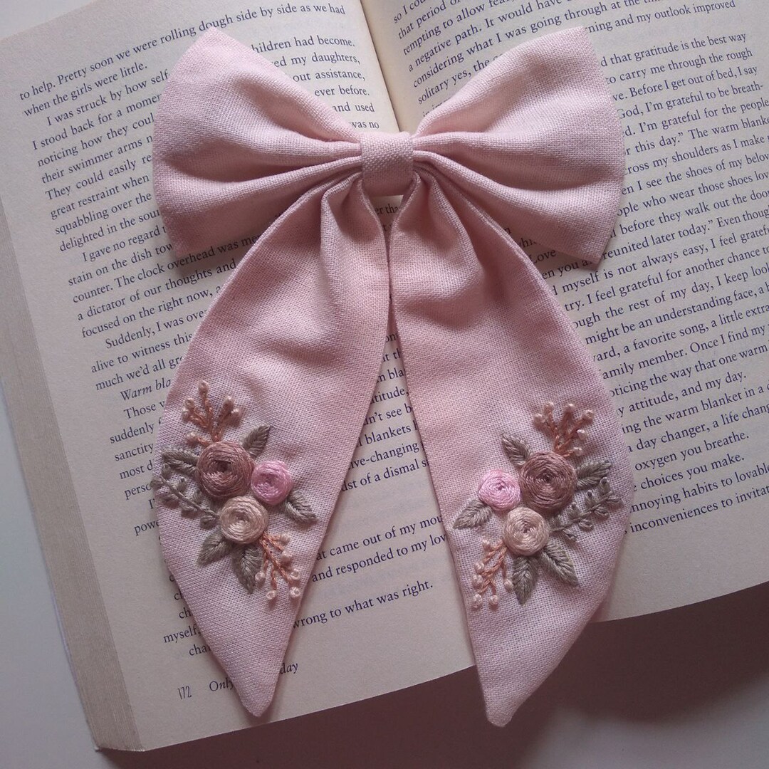Embroidered Hair Bow, Linen Hair Bow, Hair Accessories, Hand ...