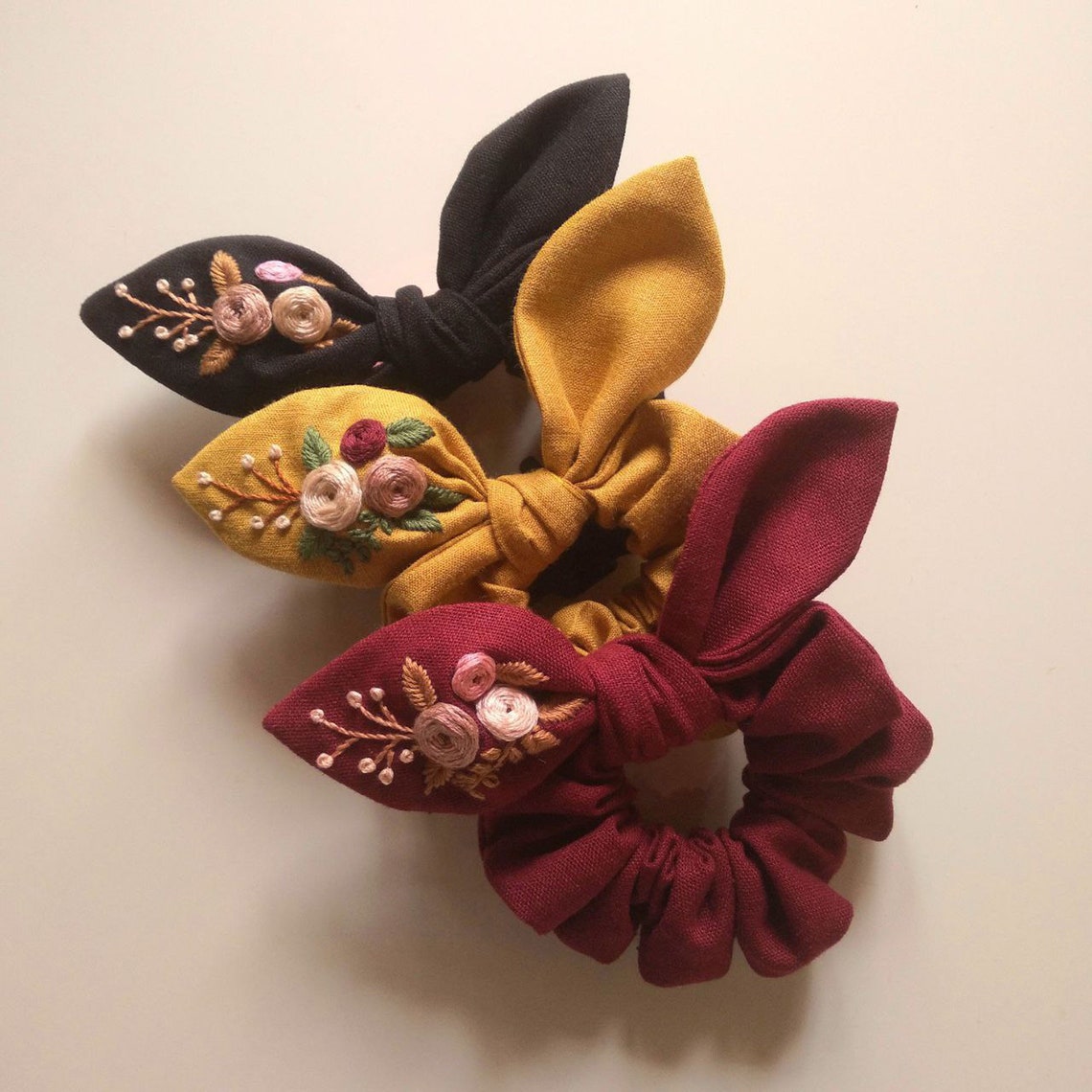 Embroidered Scrunchie Embroidered Hair Bow Linen Hair Bow - Etsy