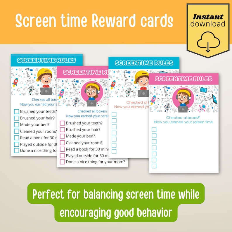 Screen Time Reward Cards - Printable Kids Reward System for Limiting ...