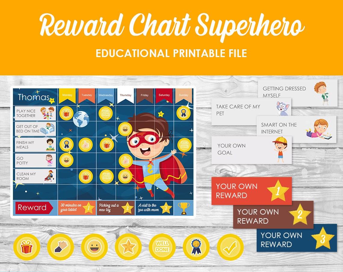 Superhero boy Reward Chart for Kids Digital and Text - Etsy