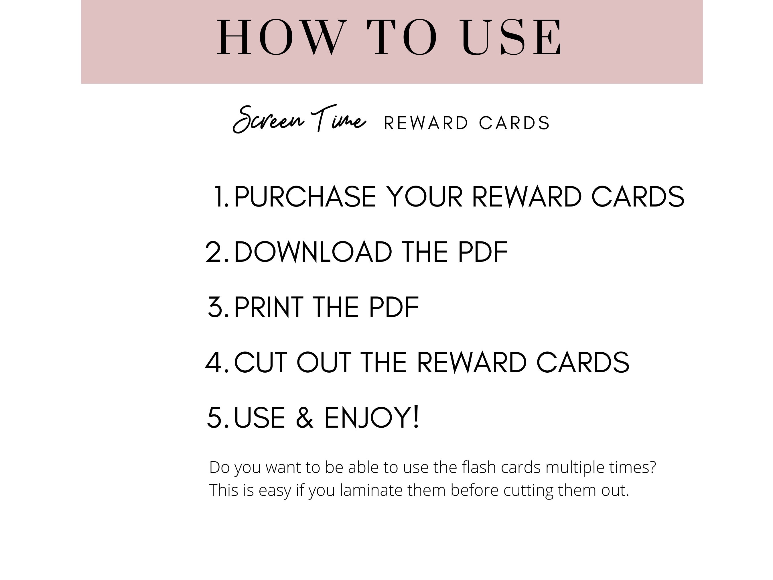 Screen Time Reward Cards - Printable Kids Reward System for Limiting ...