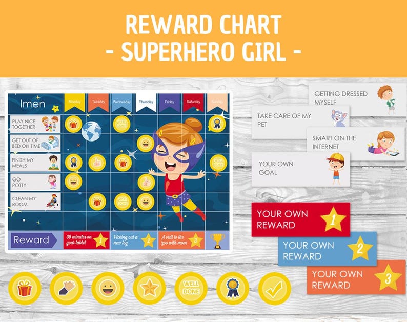 Superhero (girl) Reward Chart for Kids - Digital and Text Editable - Etsy