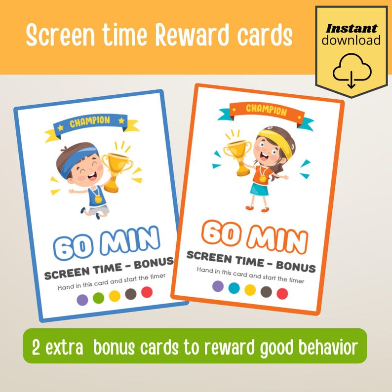 Screen Time Reward Cards - Printable Kids Reward System for Limiting ...