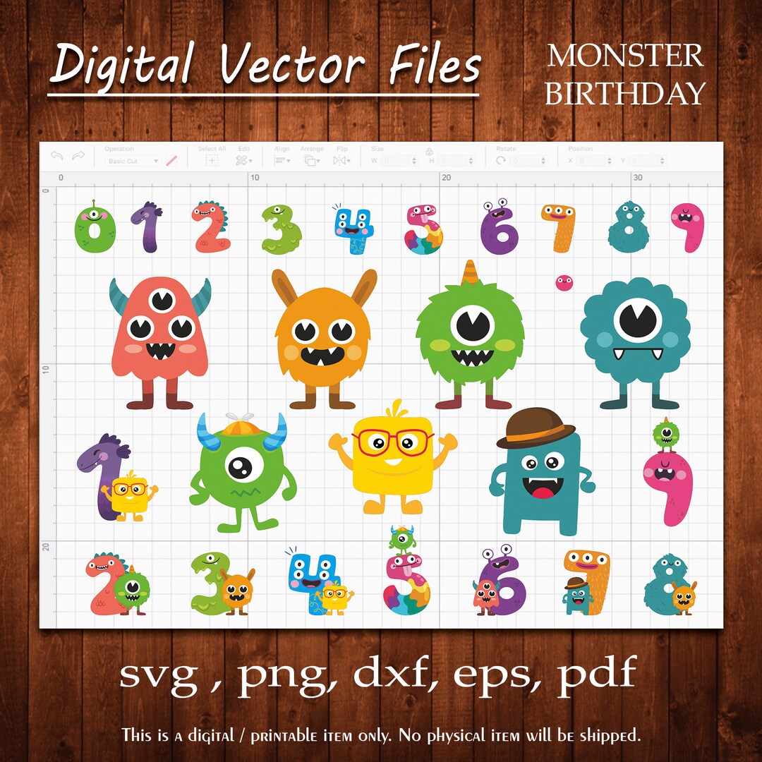 Monster Birthday Svg Baby Bundle Silhouette Stickers Numbers Vector Cut ...