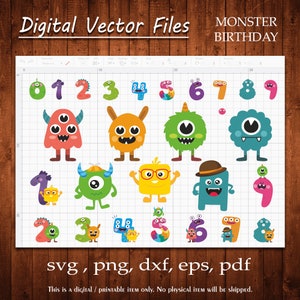 Monster Birthday Svg Baby Bundle Silhouette Stickers Numbers Vector Cut ...