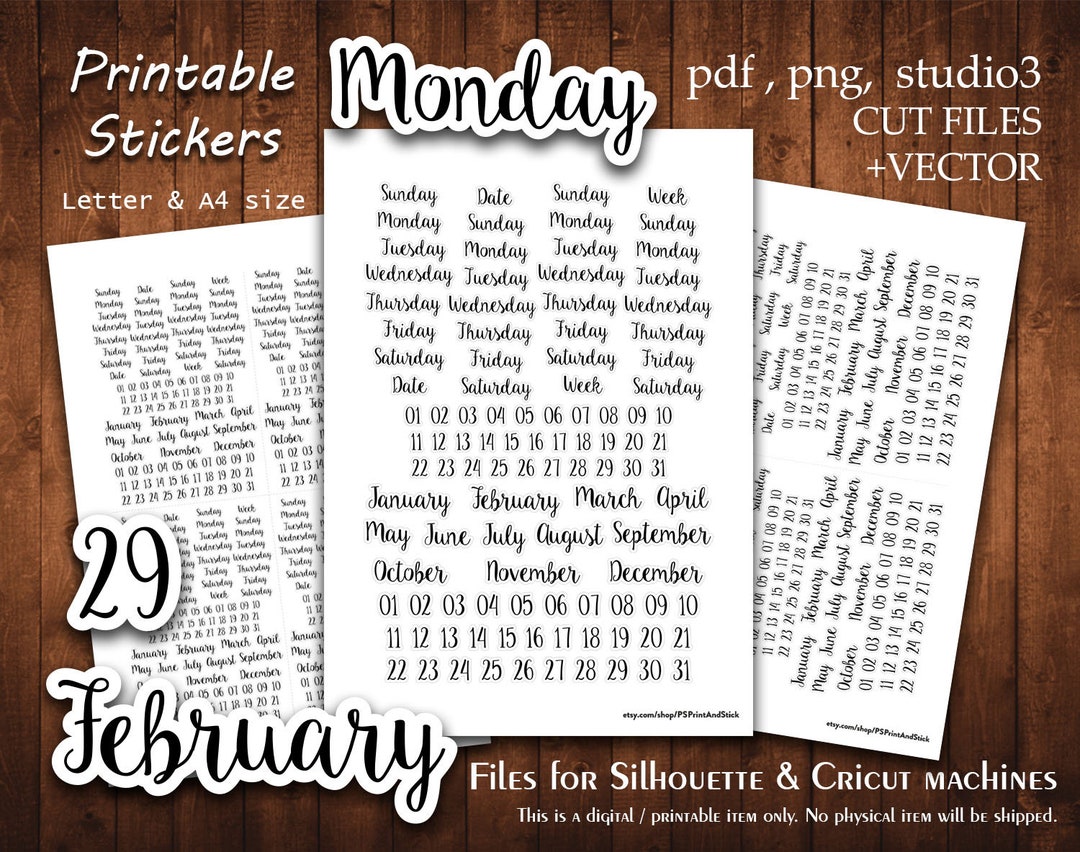 Planner Date & Day 5 Printable Stickers Collection Planner Cut A4 ...