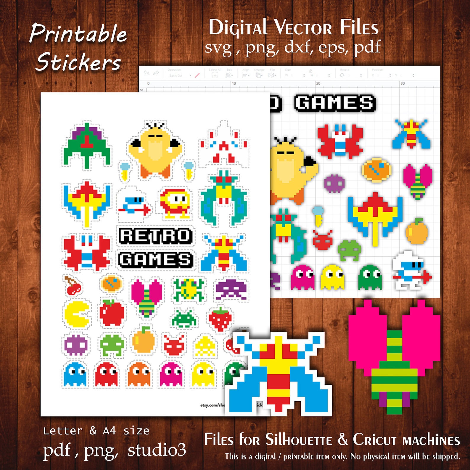 Retro Games Svg Silhouette Printable Stickers Bundle Gamer Planner Cut ...