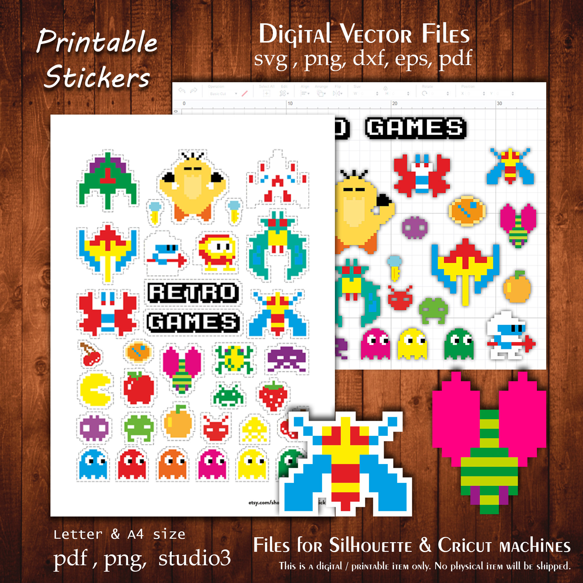 Retro Games Svg Silhouette Printable Stickers Bundle Gamer Planner Cut ...