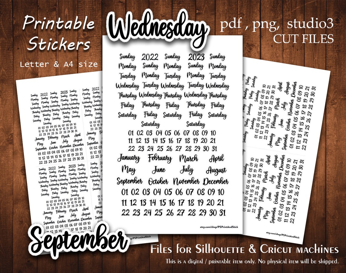 Planner Date & Day Printable Stickers Collection Planner Cut A4 Letter ...
