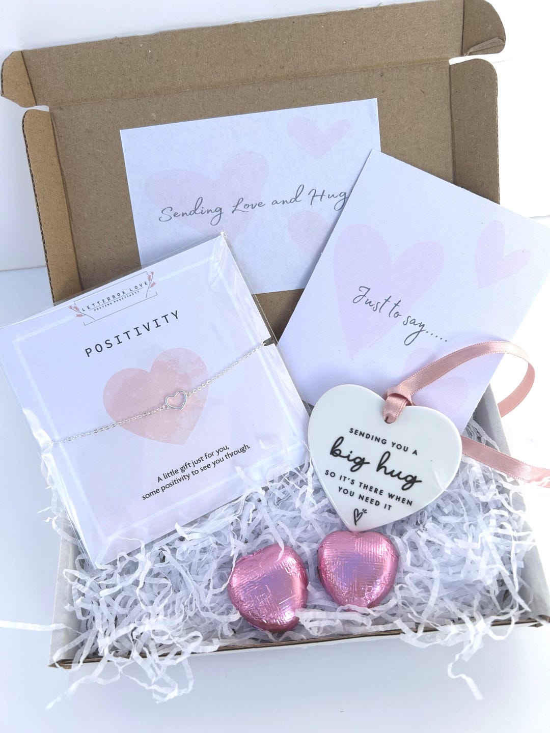 Positivity Care Package Gift Box, Silver Heart Bracelet, Hugs - Etsy