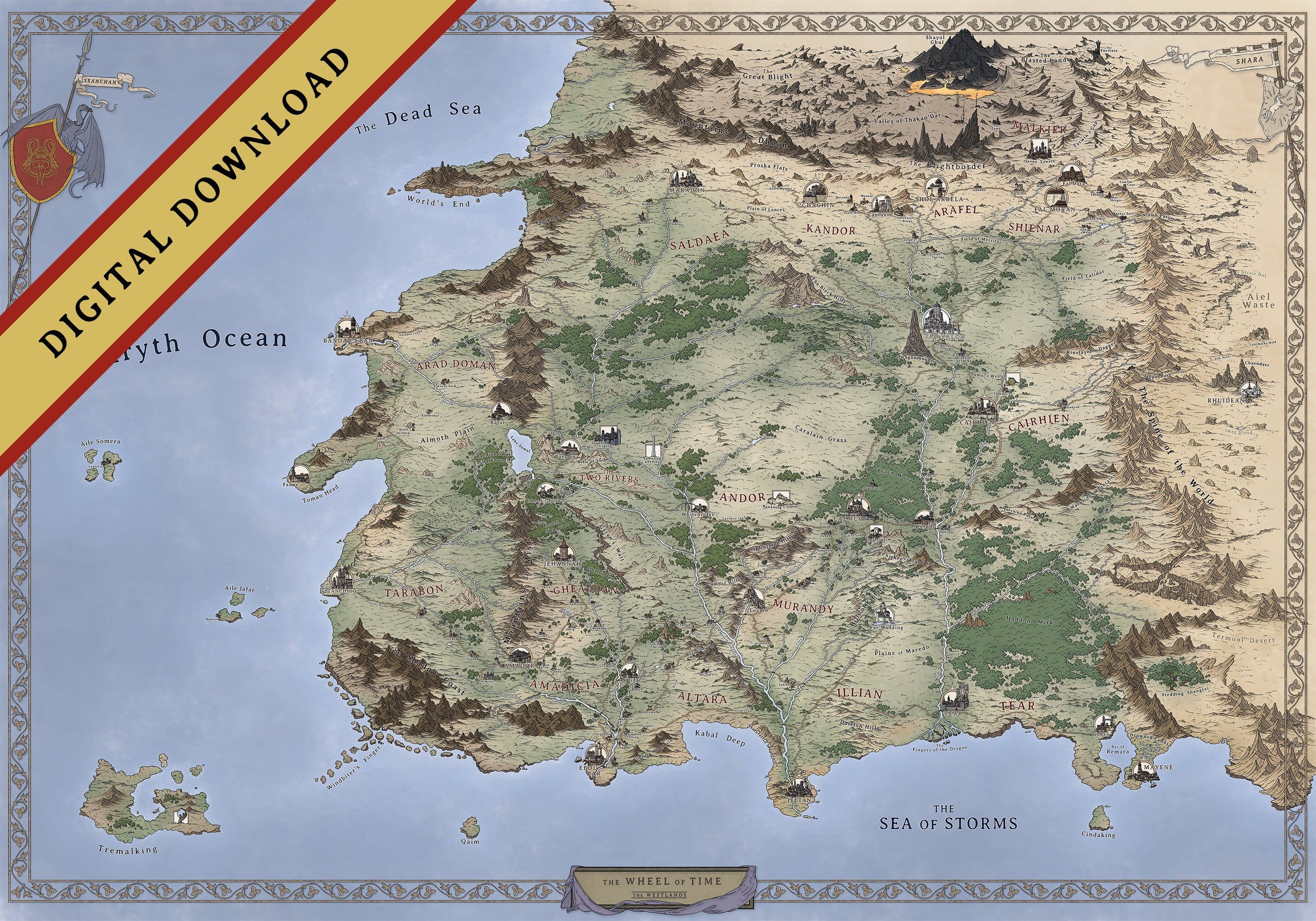 Mapa digital de fantasía de La Rueda del Tiempo: arte mural imprimible ...